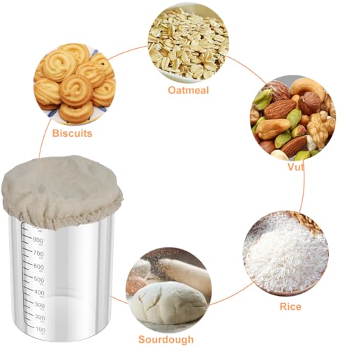 esidianzi 7Pcs Sourdough Starter Jar Kit with Scale 900ml Reusable Sourdough Starter Container with Bamboo Lid Multipurpose Wide Mouth Glass Sourdough Fermentation Jar for Sourdough Baking(as Shown)