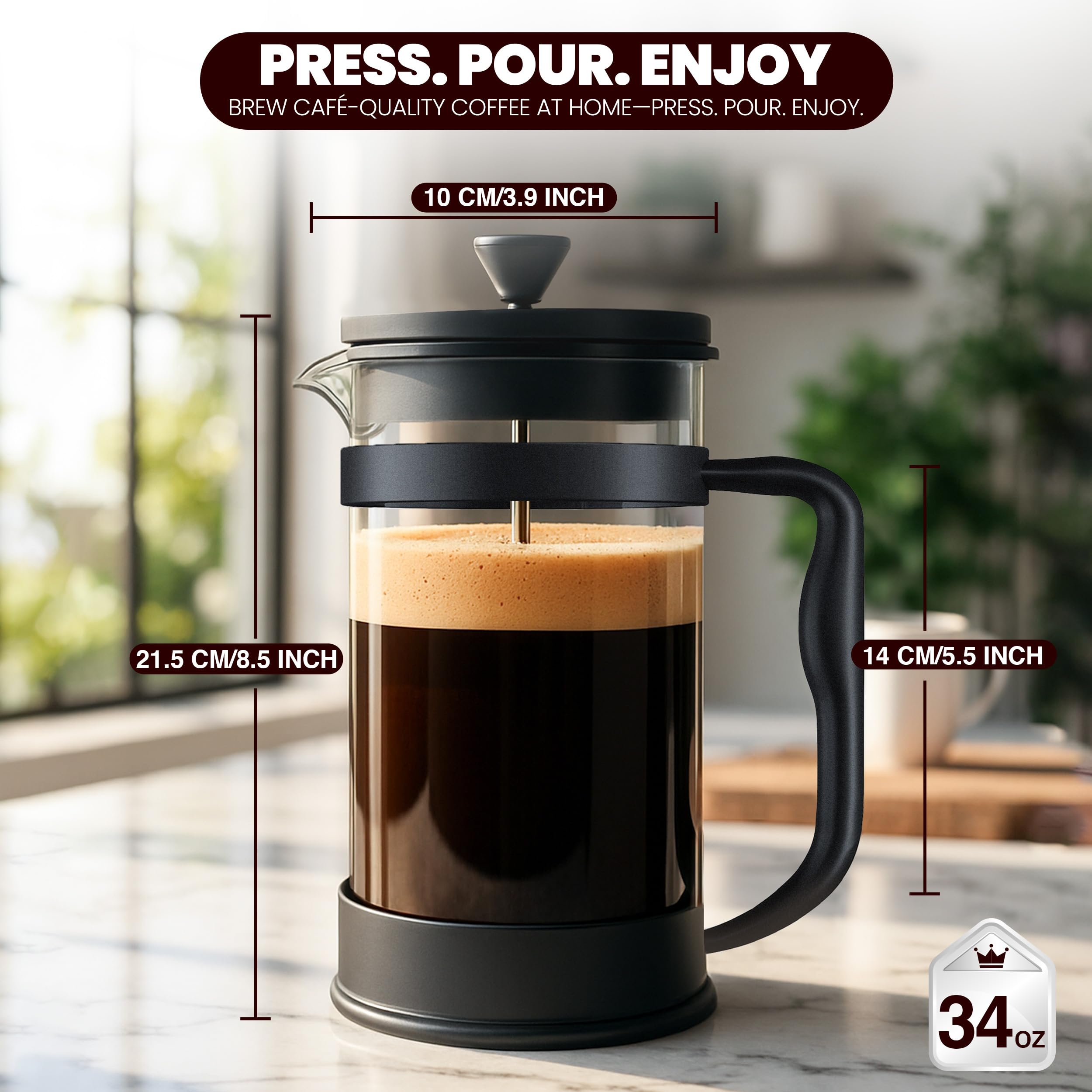 Utopia Kitchen 34 Ounce French Press Espresso and Tea Maker with Triple Filters, Stainless Steel Plunger and Heat Resistant Borosilicate Glass - Black