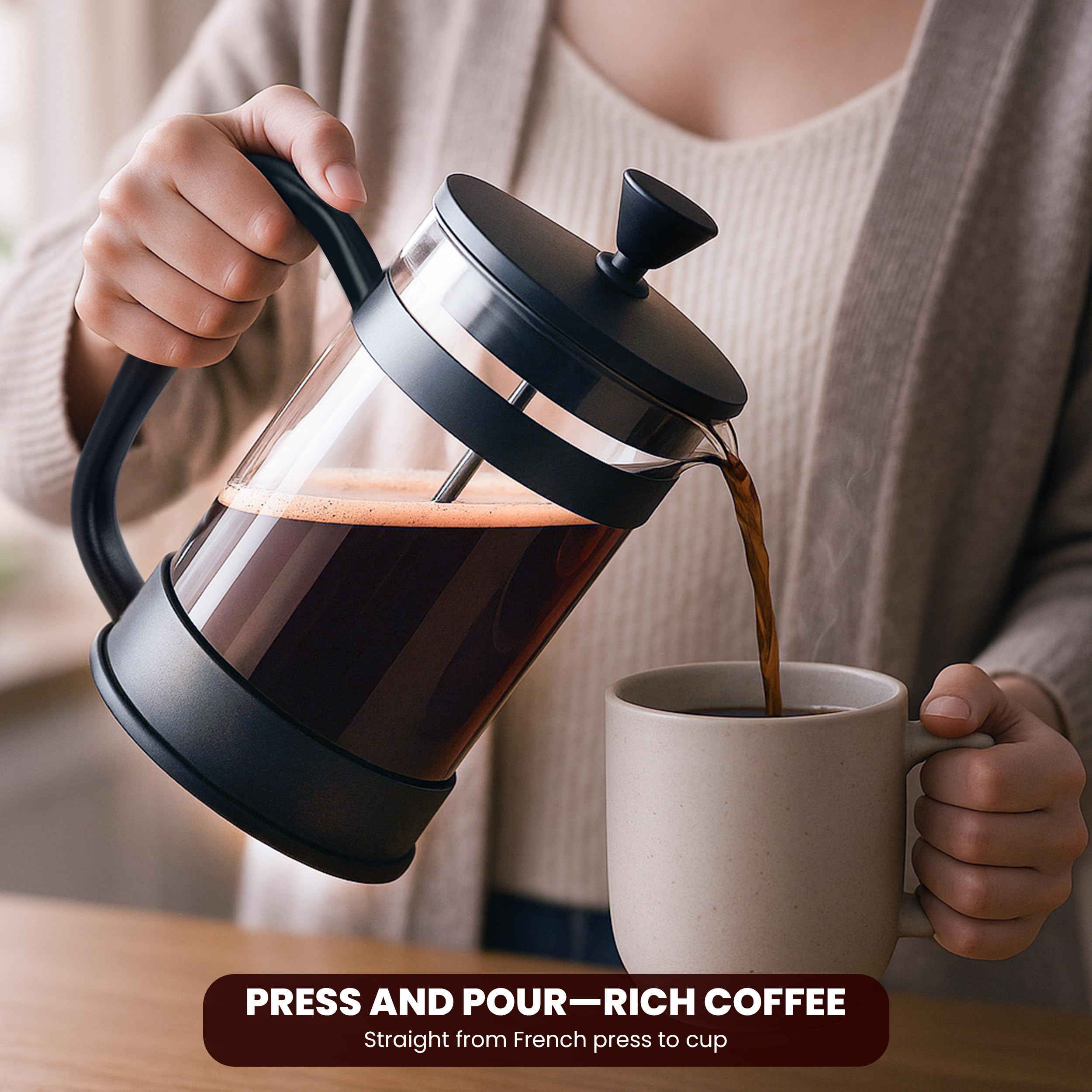 Utopia Kitchen 34 Ounce French Press Espresso and Tea Maker with Triple Filters, Stainless Steel Plunger and Heat Resistant Borosilicate Glass - Black