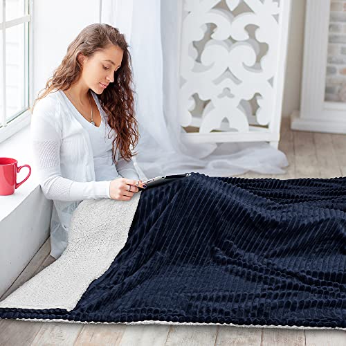 PAVILIA Sherpa Fleece Blanket Throw | Stripe, Super Soft, Plush, Luxury Flannel Throw | Thick Fluffy Ribbed Microfiber Blanket for Sofa Couch Bed (Navy Blue, 50x60 inches)