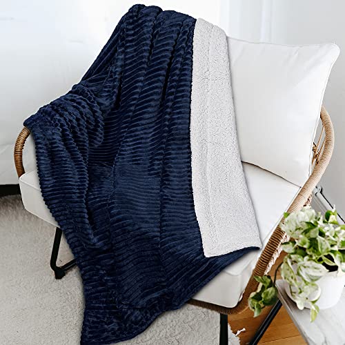 PAVILIA Sherpa Fleece Blanket Throw | Stripe, Super Soft, Plush, Luxury Flannel Throw | Thick Fluffy Ribbed Microfiber Blanket for Sofa Couch Bed (Navy Blue, 50x60 inches)
