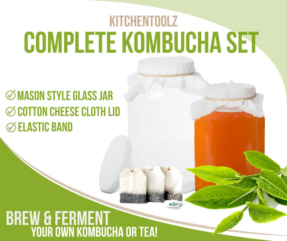 1 Gallon Glass Sourdough Jar - Home Bread Baking and Fermenting Kit with Cheesecloth Filter, Rubber Band and Plastic Lid - By Kitchentoolz