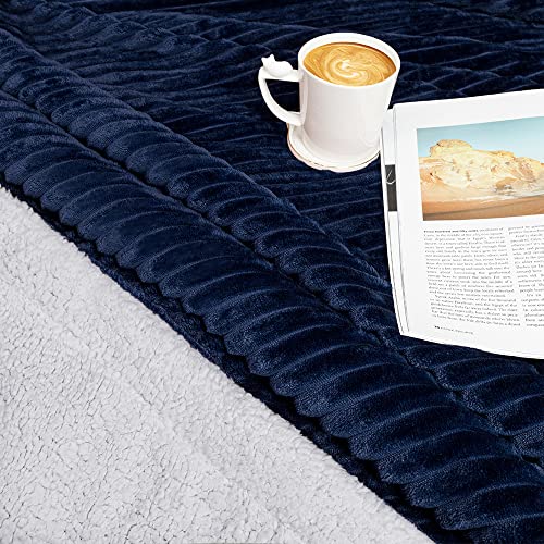 PAVILIA Sherpa Fleece Blanket Throw | Stripe, Super Soft, Plush, Luxury Flannel Throw | Thick Fluffy Ribbed Microfiber Blanket for Sofa Couch Bed (Navy Blue, 50x60 inches)