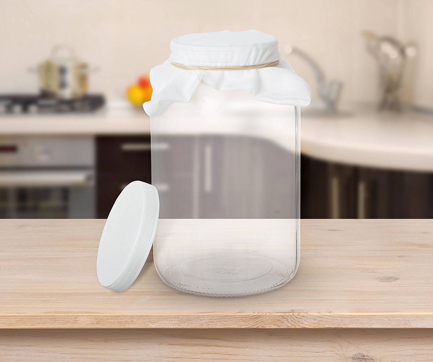 1 Gallon Glass Sourdough Jar - Home Bread Baking and Fermenting Kit with Cheesecloth Filter, Rubber Band and Plastic Lid - By Kitchentoolz