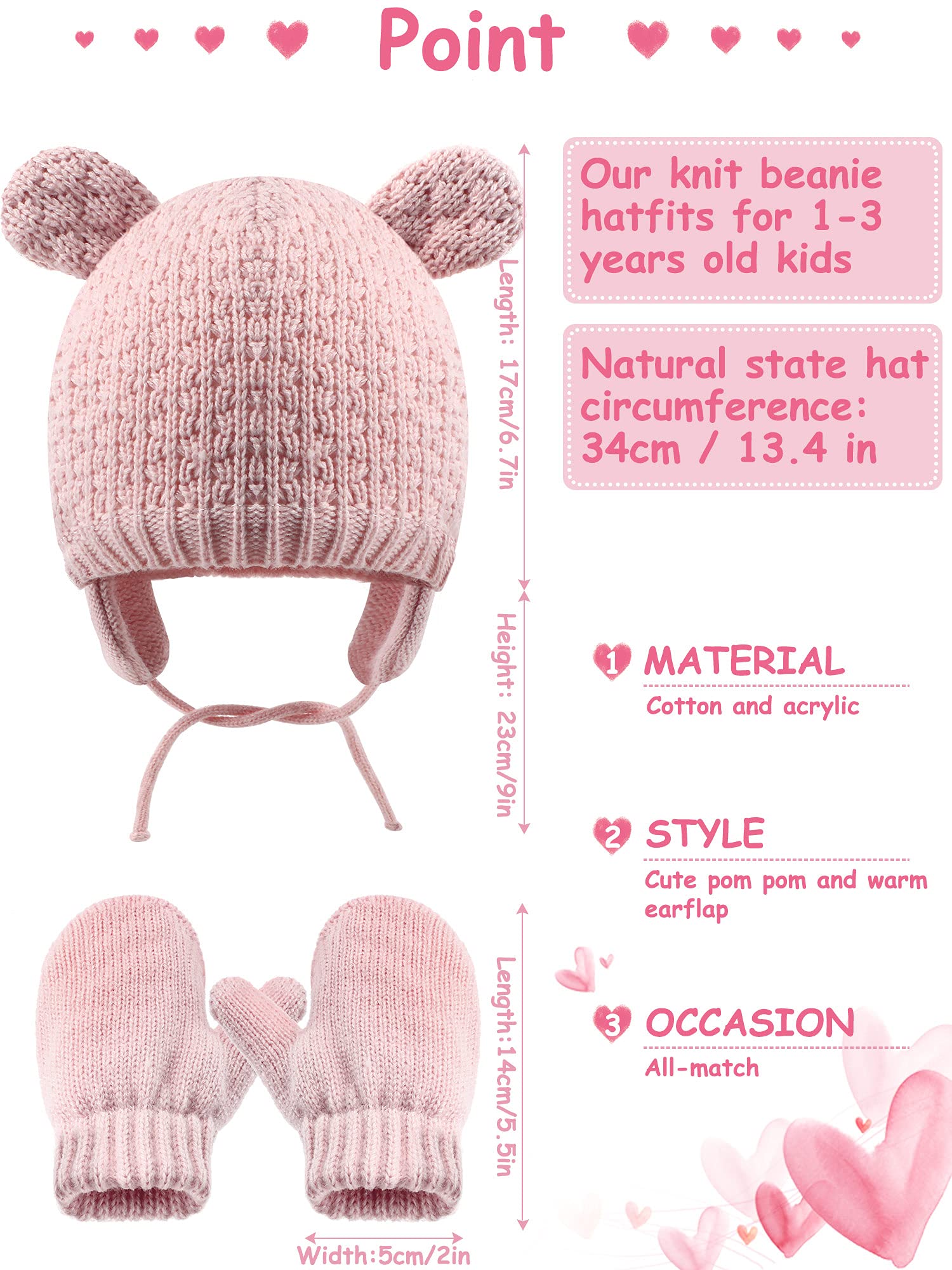 SATINIOR 2 Sets Baby Winter Beanie Hat Gloves Cute Bear Earflap Caps (White, Pink)