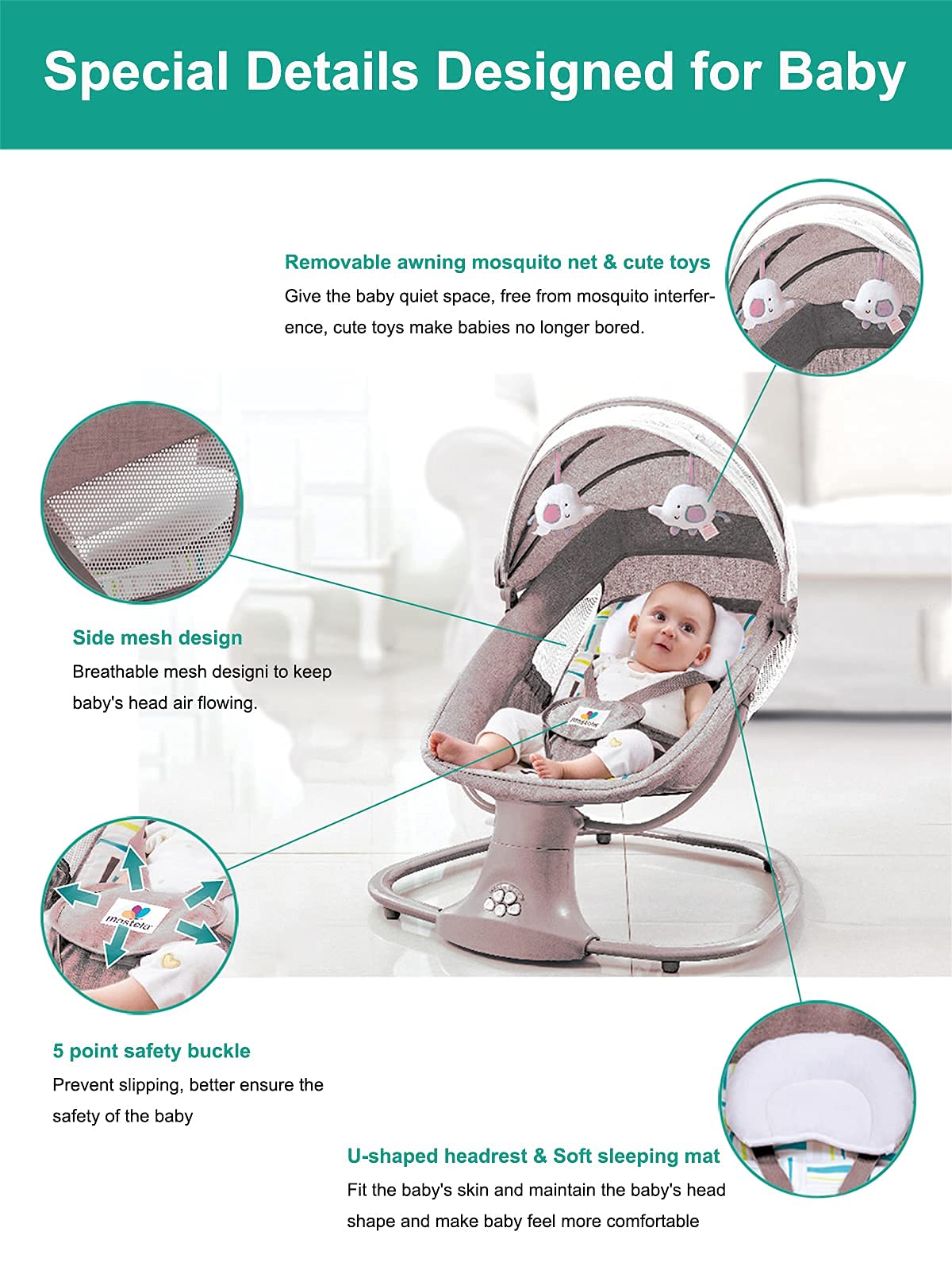 Baby Swing Baby Cradle Infant Motorized Adjustable Rocker Portable Swing with Bluetooth Music Speaker and 5 Swaying Gears Preset Lullabies and Smooth Remote Control (Pink)