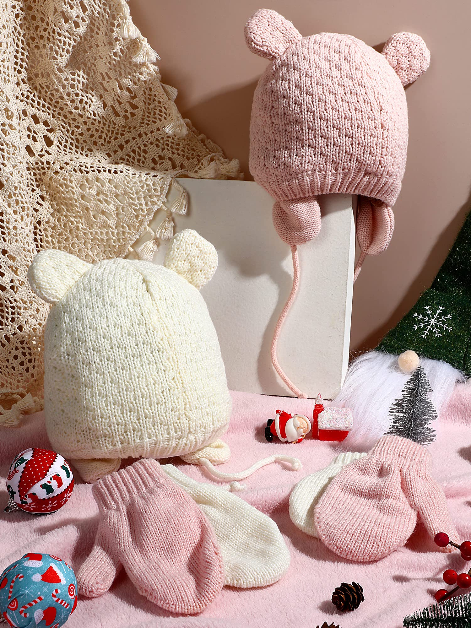 SATINIOR 2 Sets Baby Winter Beanie Hat Gloves Cute Bear Earflap Caps (White, Pink)