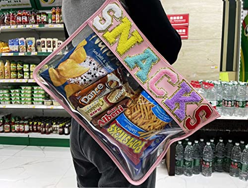 HAIBOLAN Monogram Clear Travel Patch Pouch Stadium Transparent Snack Bag Wristlet PVC Waterproof Clutch Purse Tote Bag (snacks-pink)