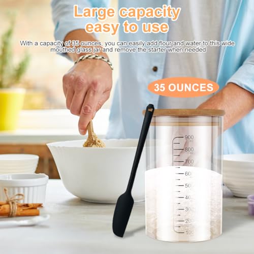 7Pcs Sourdough Starter Jar Kit with Scale 900ml Reusable Sourdough Starter Container with Bamboo Lid Multipurpose Wide Mouth Glass Sourdough Fermentation Jar for Sourdough Baking(combination)