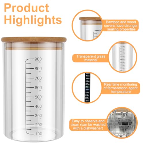 7Pcs Sourdough Starter Jar Kit with Scale 900ml Reusable Sourdough Starter Container with Bamboo Lid Multipurpose Wide Mouth Glass Sourdough Fermentation Jar for Sourdough Baking(combination)