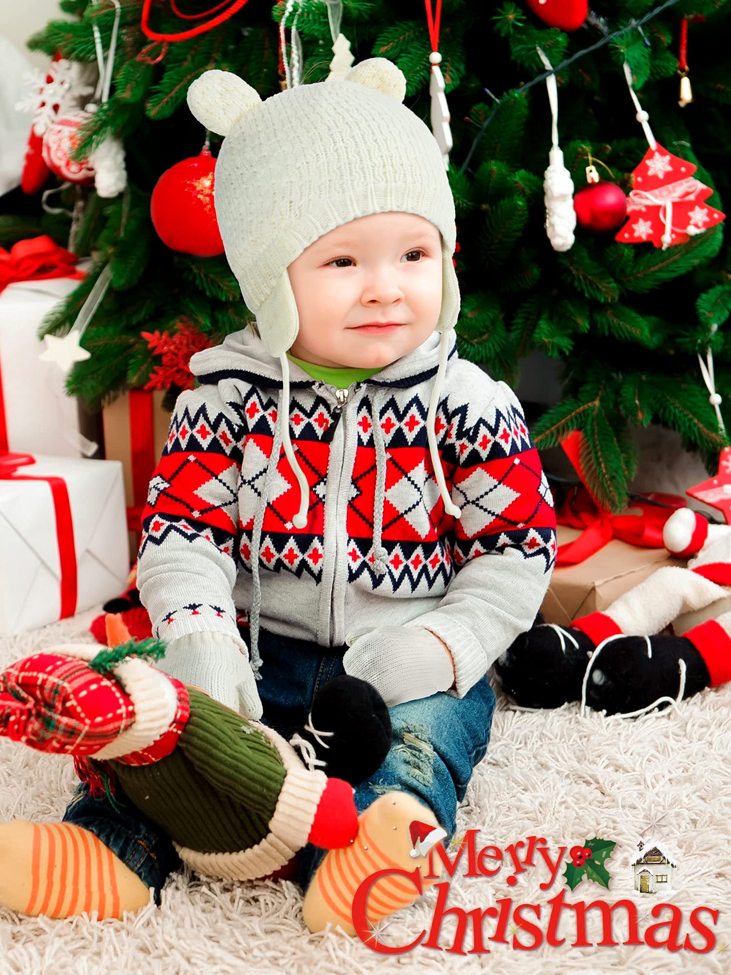 SATINIOR 2 Sets Baby Winter Beanie Hat Gloves Cute Bear Earflap Caps (White, Pink)