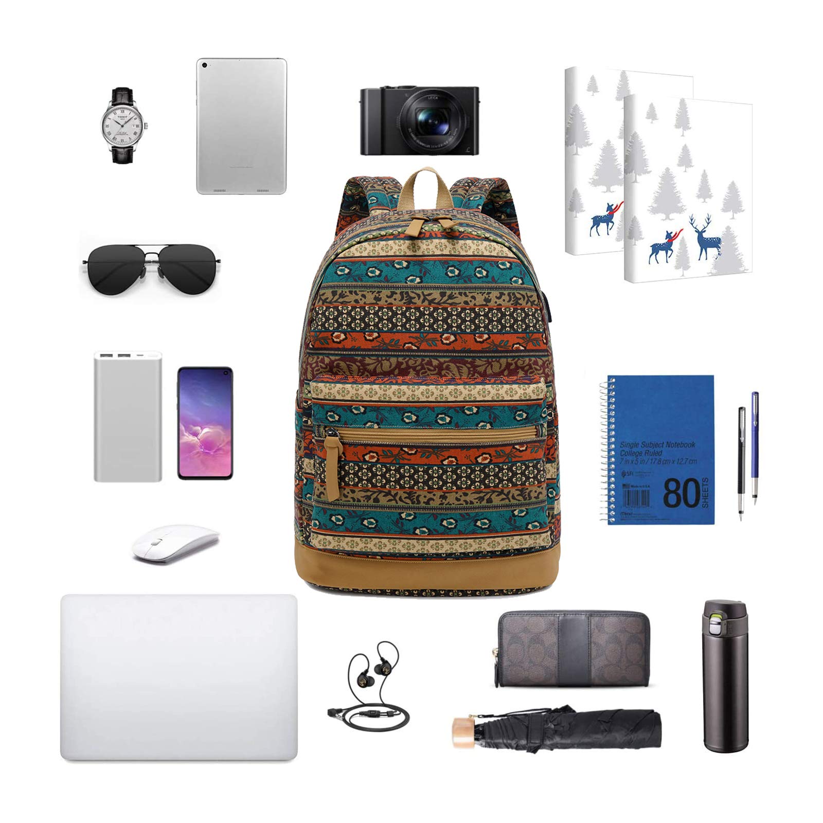 Goodking Bohemian Waterproof Laptop Backpack for Women/Girls, Stylish College School Backpack with USB Charging Port