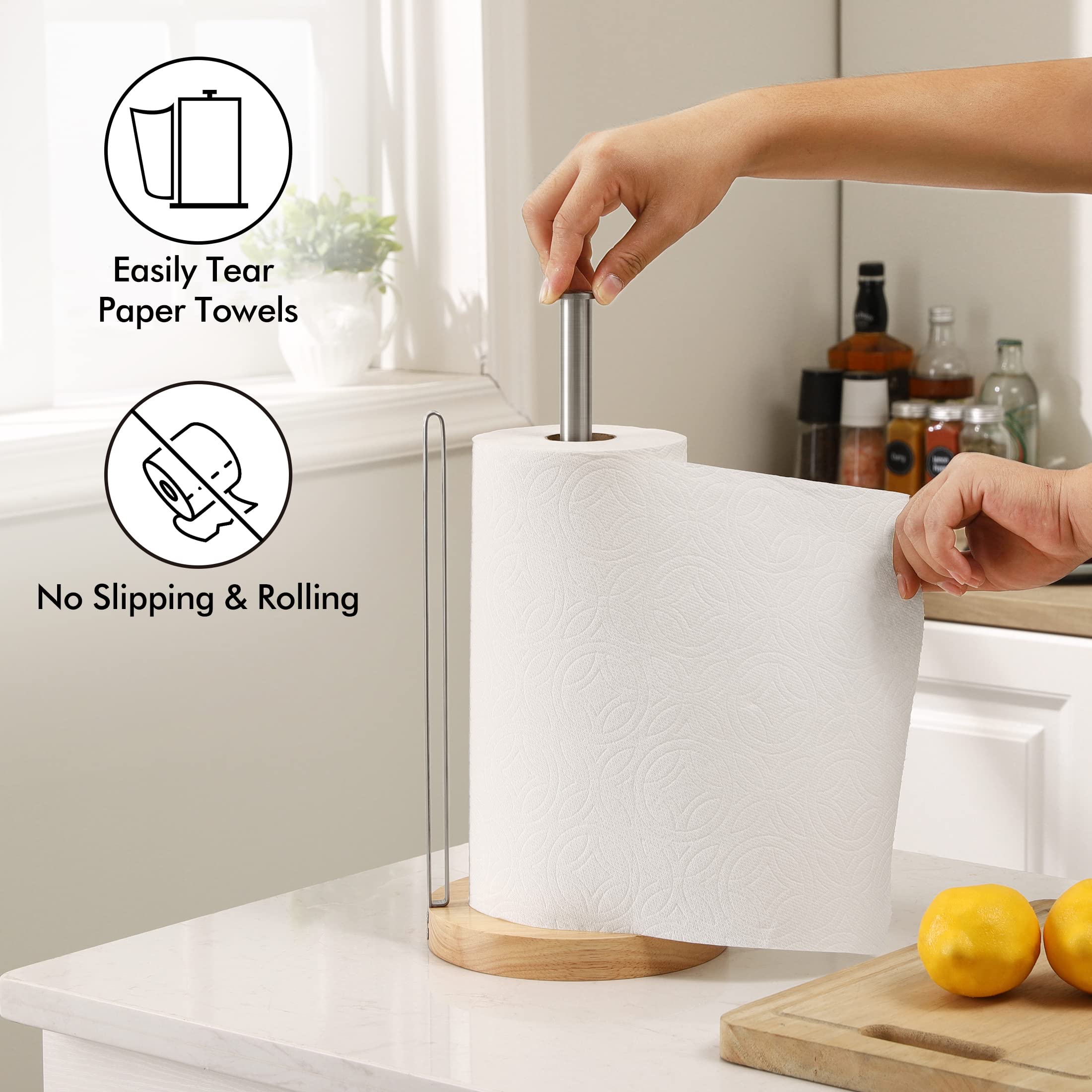 KES Paper Towel Holder Stand for Kitchen Towel Holder Countertop Wooden Base Paper Modern Stainless Steel Brushed Finish, KPH206-2