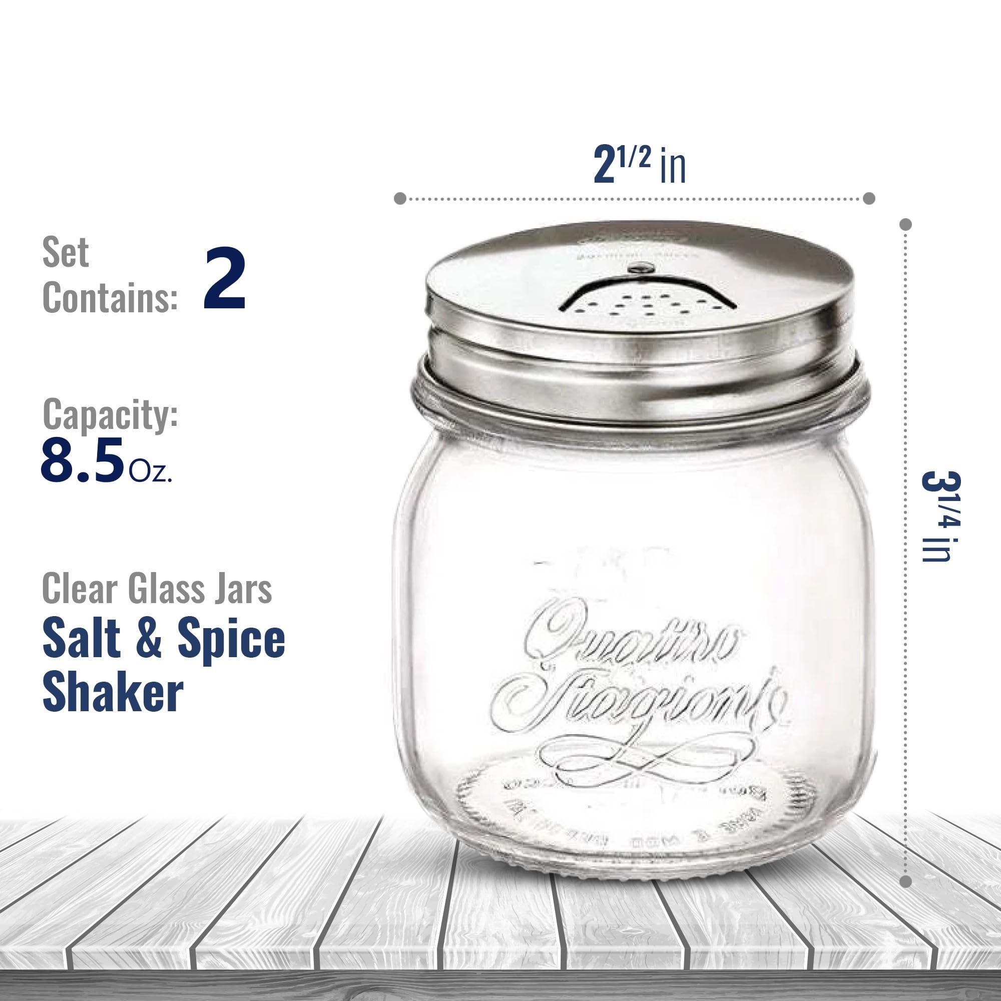 Bormioli Rocco Quattro Stagioni Spice Jar Set - 8.5 Oz, Durable Glass Mason Jars with Multi-Function Rotatable Lids, Stainless Steel Tops for Salt & Pepper - Made in Italy, Glass Spice Jars