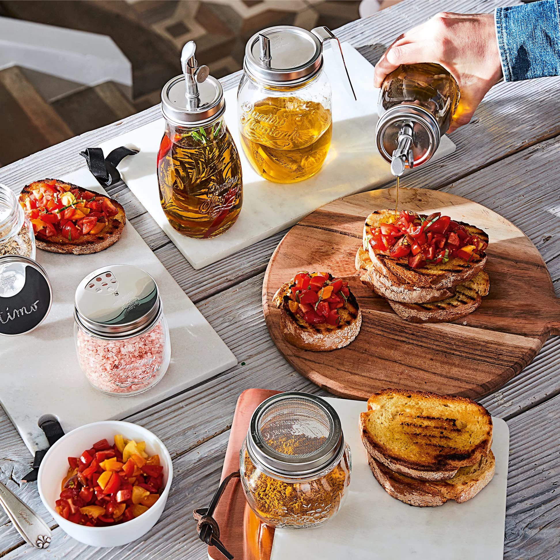 Bormioli Rocco Quattro Stagioni Spice Jar Set - 8.5 Oz, Durable Glass Mason Jars with Multi-Function Rotatable Lids, Stainless Steel Tops for Salt & Pepper - Made in Italy, Glass Spice Jars