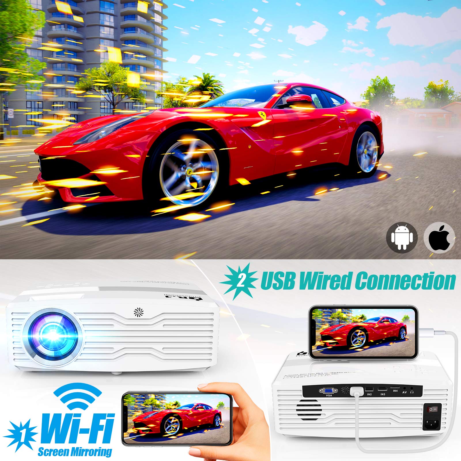DR.J Professional Native 1080P 5G WiFi Projector, 9500 Lumens 300β Display Outdoor Projector, 350 ANSI, 4K Supported, Home Projector for iOS/Android/TV Stick
