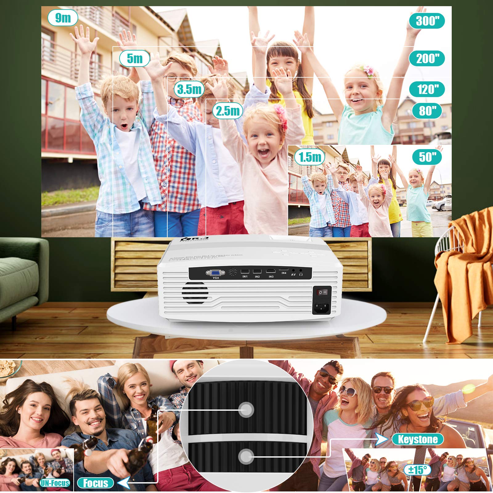 DR.J Professional Native 1080P 5G WiFi Projector, 9500 Lumens 300β Display Outdoor Projector, 350 ANSI, 4K Supported, Home Projector for iOS/Android/TV Stick