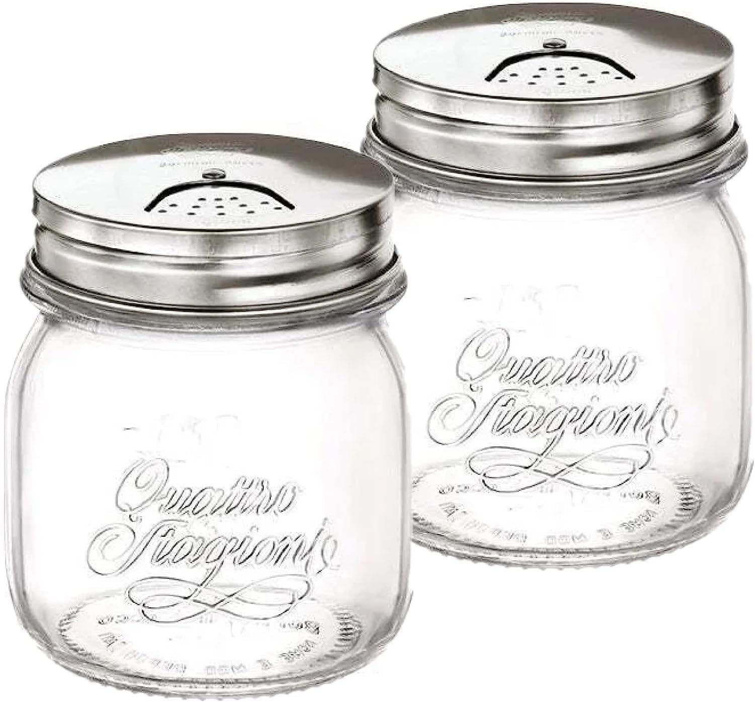 Bormioli Rocco Quattro Stagioni Spice Jar Set - 8.5 Oz, Durable Glass Mason Jars with Multi-Function Rotatable Lids, Stainless Steel Tops for Salt & Pepper - Made in Italy, Glass Spice Jars