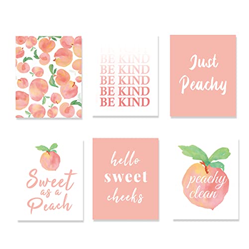 XUOIAYNB Watercolor Pink Peach Art Print-- Sweet Peach Fruit with Inspirational Quote Canvas Wall Art--(8”X 10”X 6 pcs, Unframed)--Perfect for Kids Room Kitchen Summer Decoration