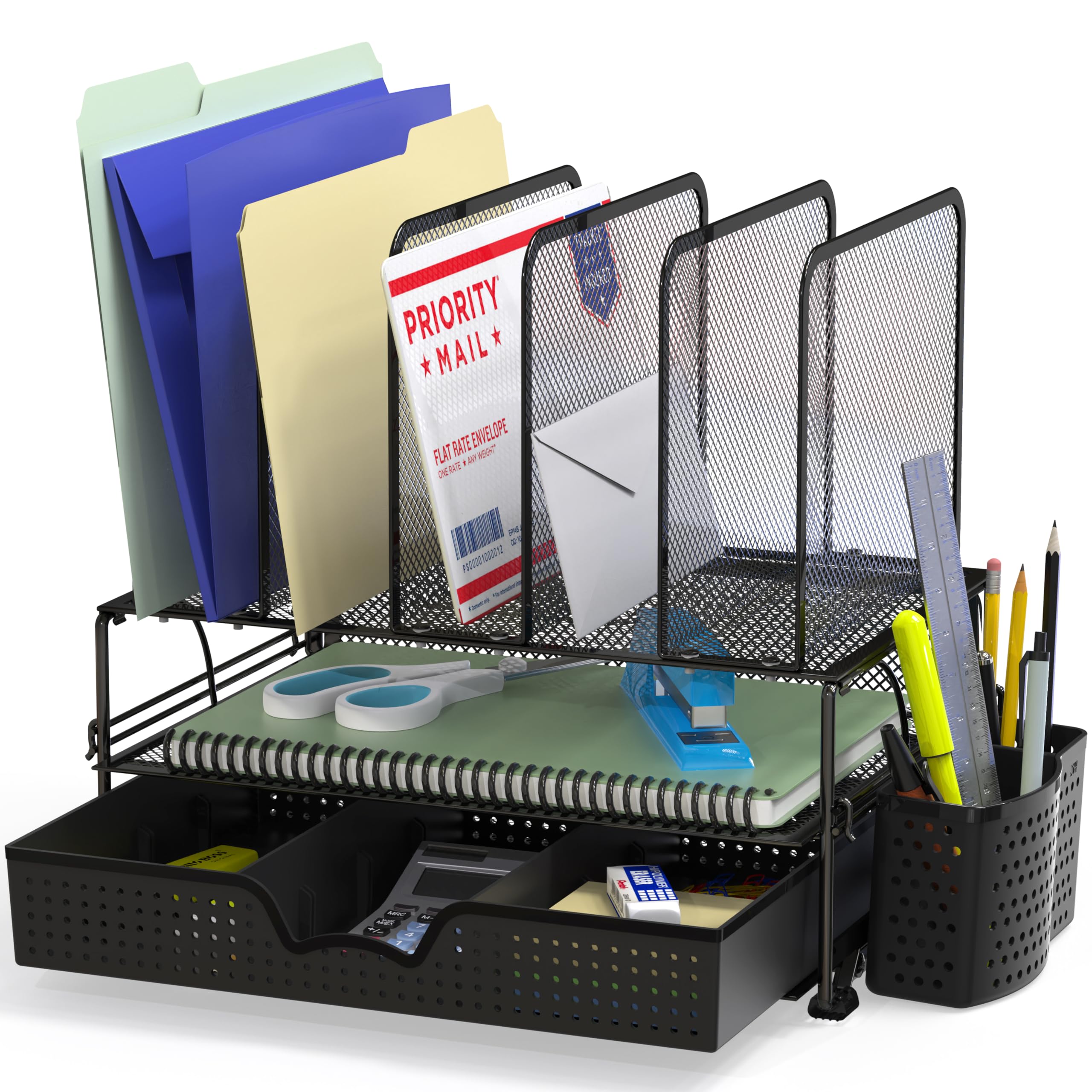 SimpleHouseware Mesh Desk Organizer with Sliding Drawer, Double Tray and 5 Upright Sections, Black