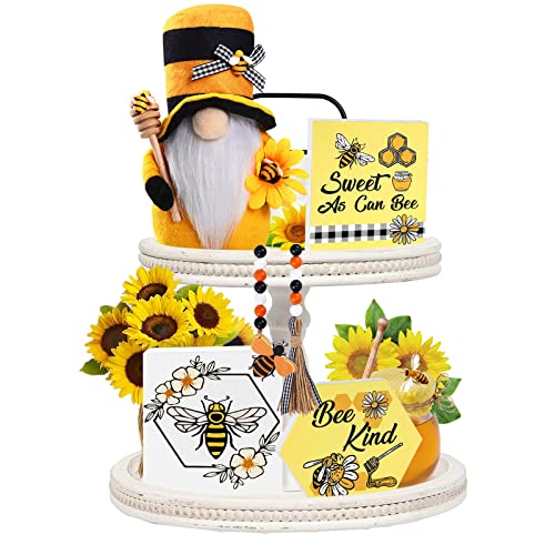 5 pcs Honey Bee Gnome Tiered Tray decor (Tray Not Included) - Bumble Bee Gnome Plush, Bee World Day Wooden Sign, Bee Wooden bead garland ,for Spring and Summer kitchen table decor