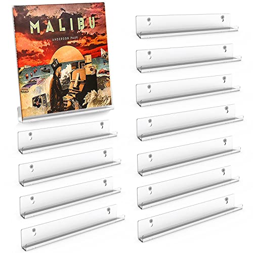 ULENDIS 12 Pack Vinyl Record Shelf Wall Mount, Clear Acrylic Album Record Holder for Display Daily Listening, Floating Shelves with Installation Hardware and Tools