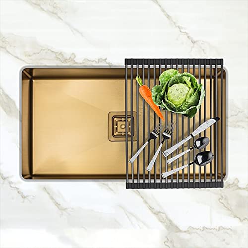 Strictly Sinks Stainless Steel Dish Drying Rack – Gold 21 X 13 Inches Roll Up Dish Drying Rack – Multipurpose Foldable Over The Sink Kitchen Drainer, Countertop Cooling Rack