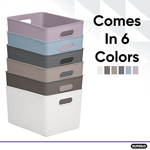 Superio Decorative Plastic Open Home Storage Bins Organizer Baskets, White & Lilac (Set of 2) 2 X-Large - Container Boxes for Organizing Closet Shelves Drawer Shelf - Ribbed Collection
