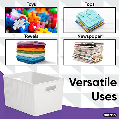 Superio Decorative Plastic Open Home Storage Bins Organizer Baskets, White & Lilac (Set of 2) 2 X-Large - Container Boxes for Organizing Closet Shelves Drawer Shelf - Ribbed Collection