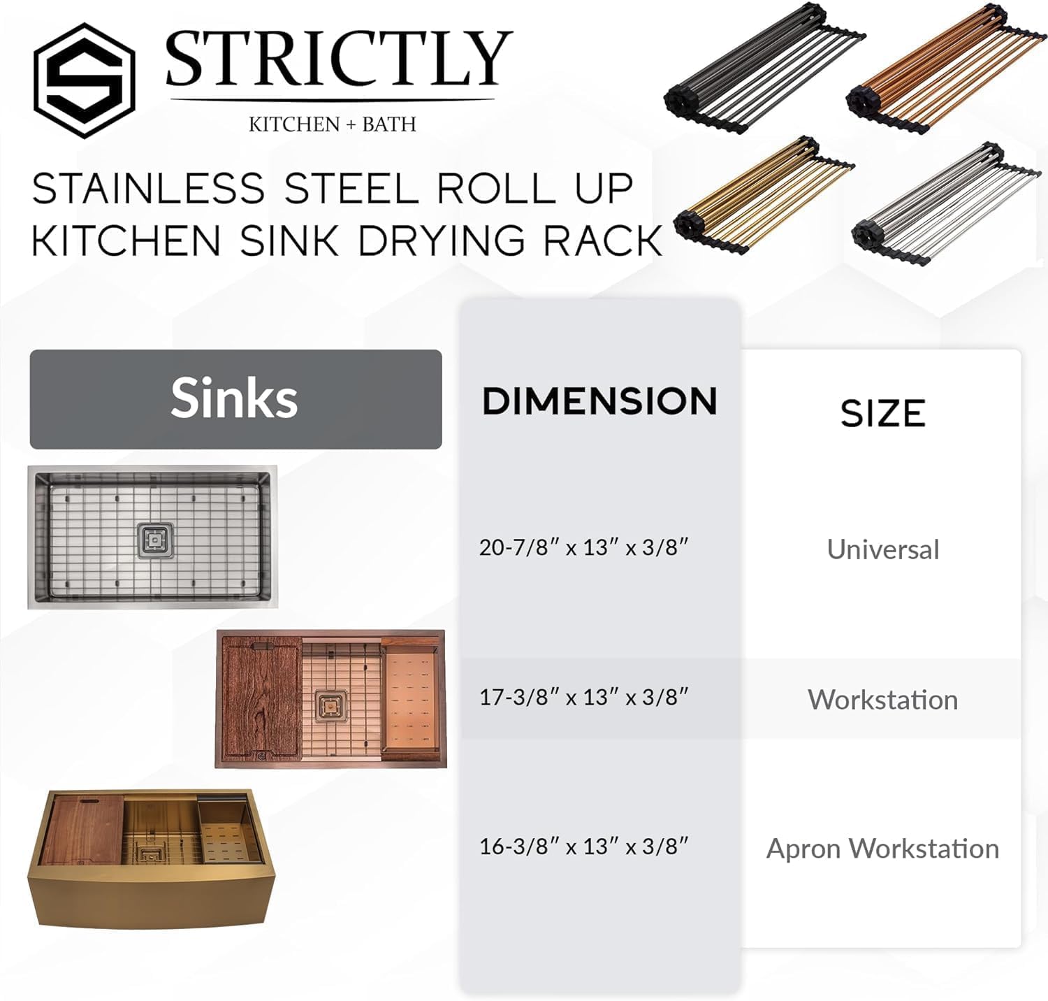 Strictly Sinks Stainless Steel Dish Drying Rack – Gold 21 X 13 Inches Roll Up Dish Drying Rack – Multipurpose Foldable Over The Sink Kitchen Drainer, Countertop Cooling Rack