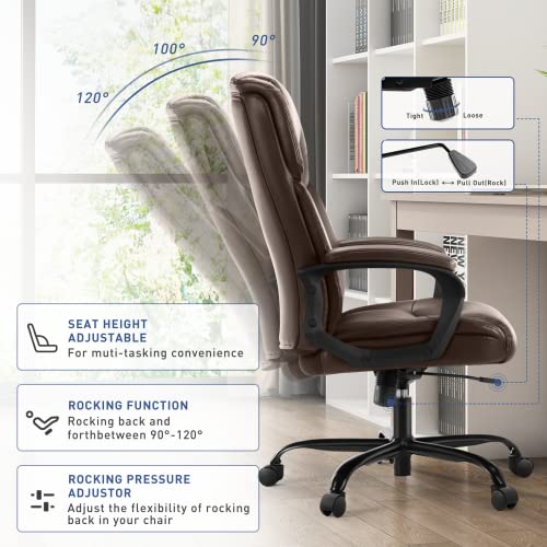 Executive Office Chair - Ergonomic Big and Tall Home Computer Desk Chair with Lumbar Support, PU Leather, High Back, Adjustable Height & Swivel