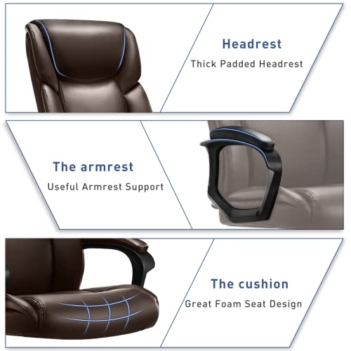 Executive Office Chair - Ergonomic Big and Tall Home Computer Desk Chair with Lumbar Support, PU Leather, High Back, Adjustable Height & Swivel