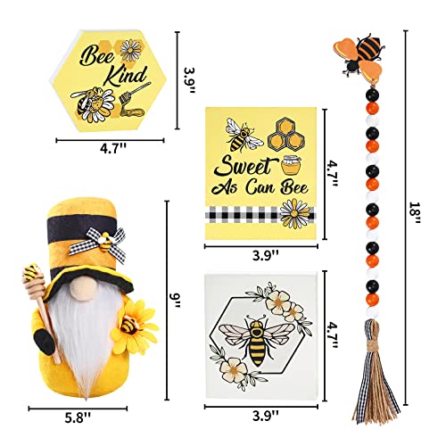 5 pcs Honey Bee Gnome Tiered Tray decor (Tray Not Included) - Bumble Bee Gnome Plush, Bee World Day Wooden Sign, Bee Wooden bead garland ,for Spring and Summer kitchen table decor