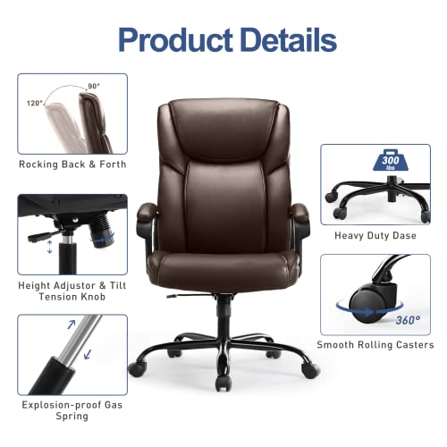 Executive Office Chair - Ergonomic Big and Tall Home Computer Desk Chair with Lumbar Support, PU Leather, High Back, Adjustable Height & Swivel