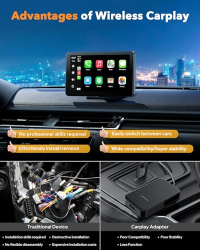 LAMTTO 7" HD Wireless Car Stereo with Apple Carplay & Backup Camera, Portable Touchscreen Android Auto Adapter with GPS Navigation System,Multimedia Player Video Receivers with Bluetooth,Airplay