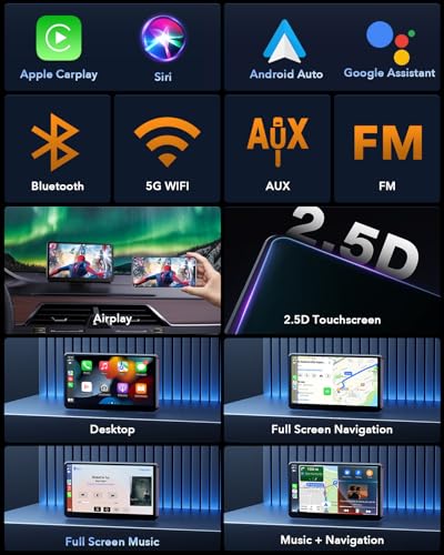LAMTTO 7" HD Wireless Car Stereo with Apple Carplay & Backup Camera, Portable Touchscreen Android Auto Adapter with GPS Navigation System,Multimedia Player Video Receivers with Bluetooth,Airplay