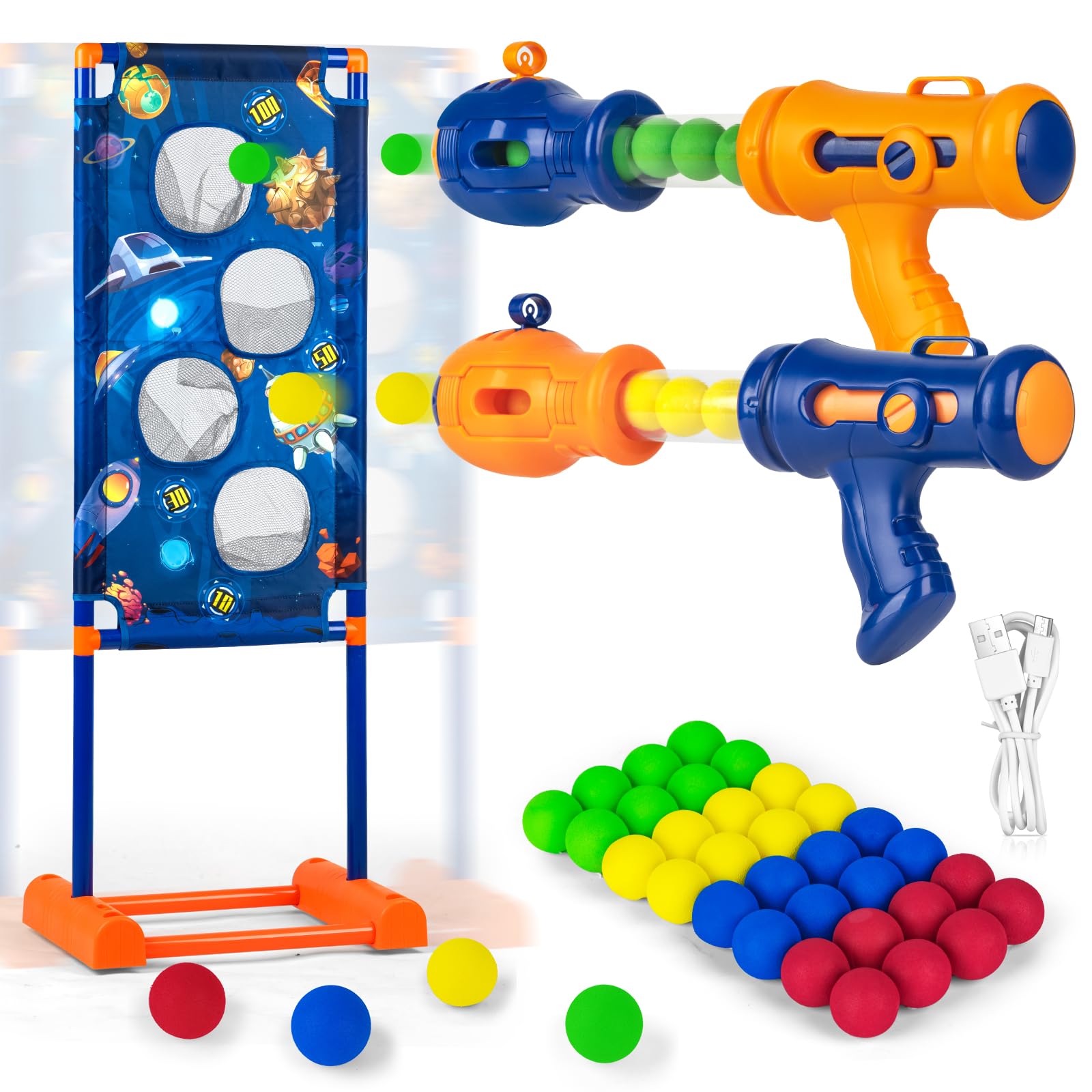 SUYE Shooting Game Toy for Age 6, 7, 8, 9, 10+ Years Old Kids, Boys - 2pk Foam Ball Popper Air Guns & Shooting Target & 48 Foam Balls - Ideal Gift - Indoor and Outdoor Toy Guns for Kids Girls