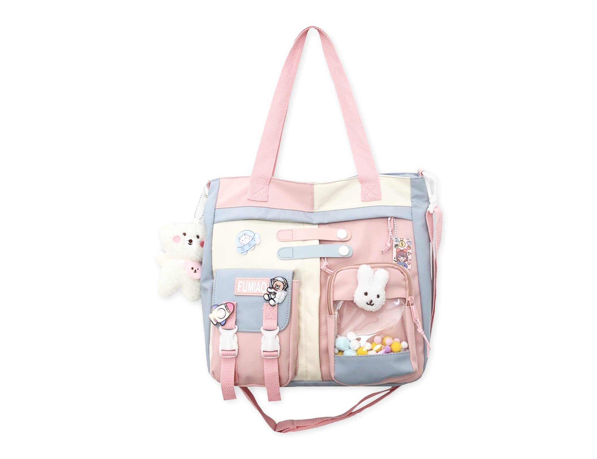 KOWVOWZ Kawaii Shoulder Tote Bag with Cute Pin Accessories Plush Rabbit & Bear Pendant Girl School Backpack Laptop Schoolbag Crossbody for Students (Blue)