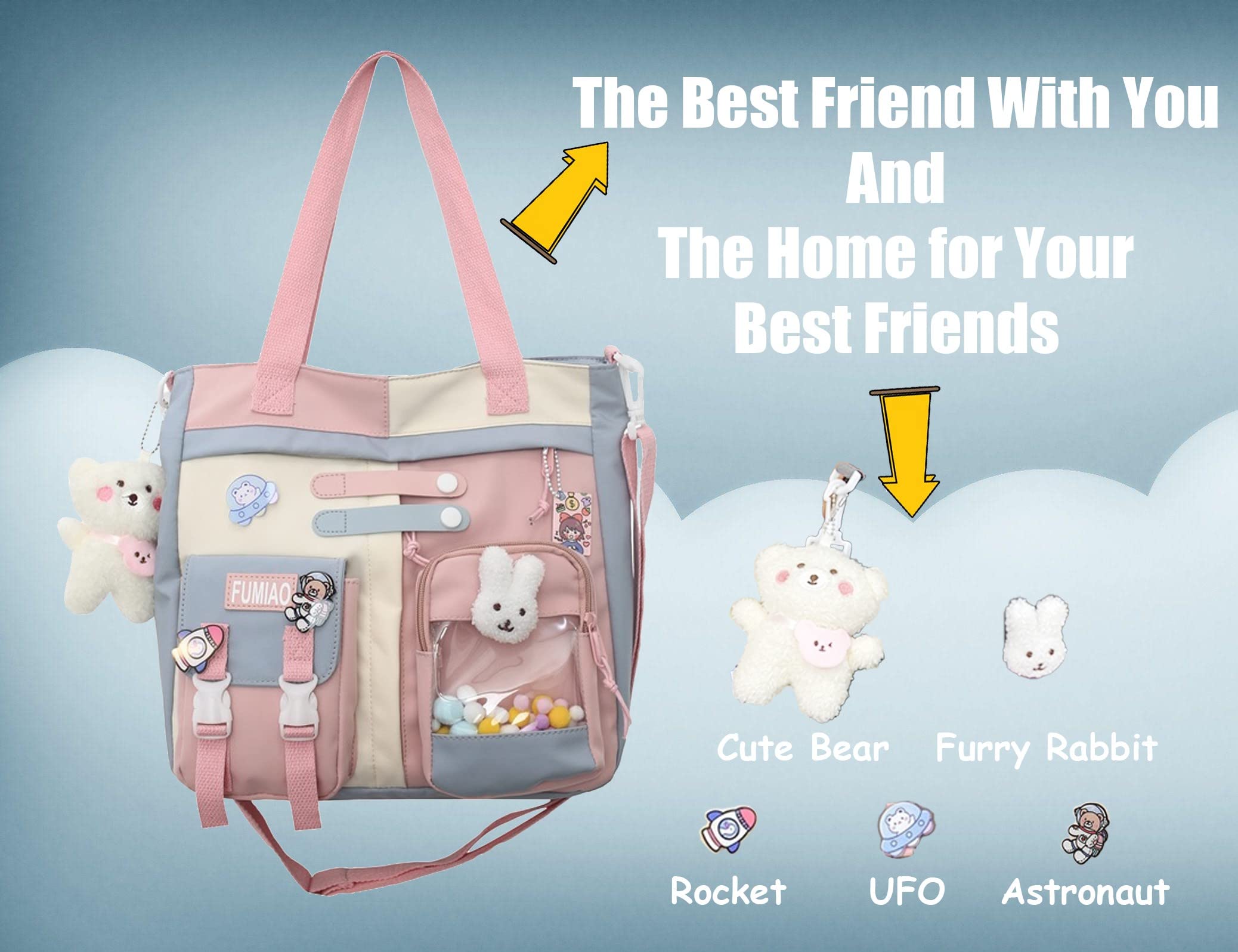 KOWVOWZ Kawaii Shoulder Tote Bag with Cute Pin Accessories Plush Rabbit & Bear Pendant Girl School Backpack Laptop Schoolbag Crossbody for Students (Blue)