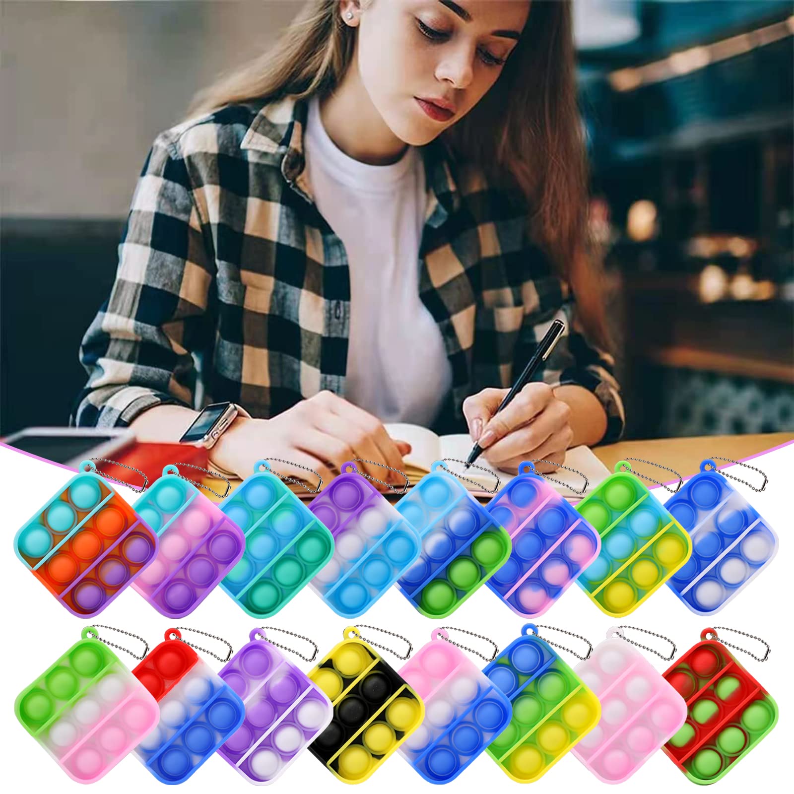 32 Pcs Mini Pop Fidget Toy Pack Simple Bubble Popping Keychain, Squeeze Rainbow Stress Relief Sensory Hand Toy, Office Desk Push Pops Bulk Toys for Kids Christmas Party Favors Student Gifts