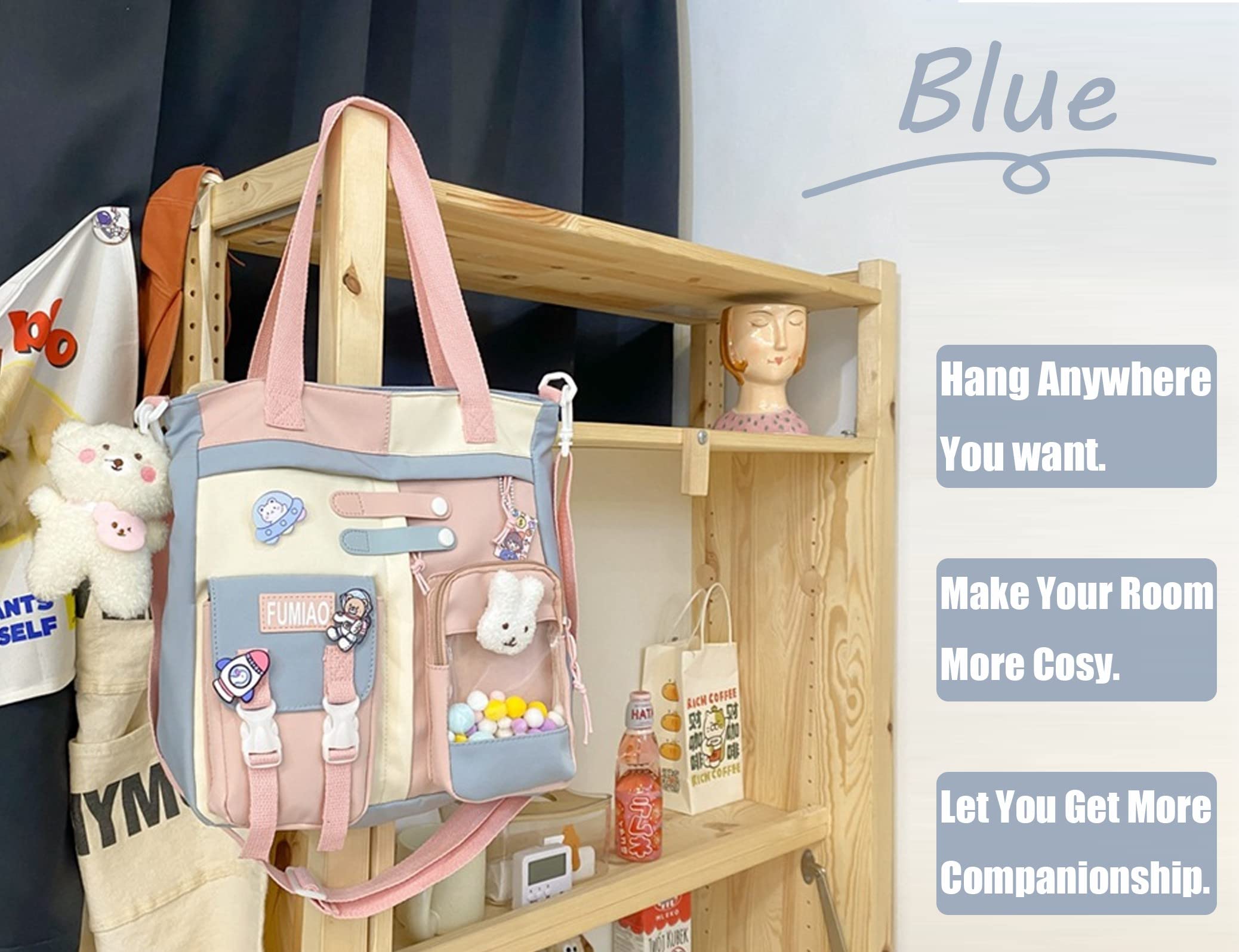 KOWVOWZ Kawaii Shoulder Tote Bag with Cute Pin Accessories Plush Rabbit & Bear Pendant Girl School Backpack Laptop Schoolbag Crossbody for Students (Blue)