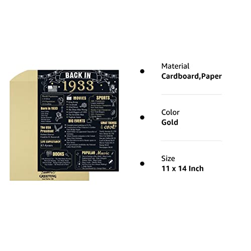 90th Birthday Decorations for Men Women 90th Birthday Gift for Him Back in 1933 Poster Decor Black and Gold 11 x 14 inch 90 Years Ago Decor(Back in 1933)