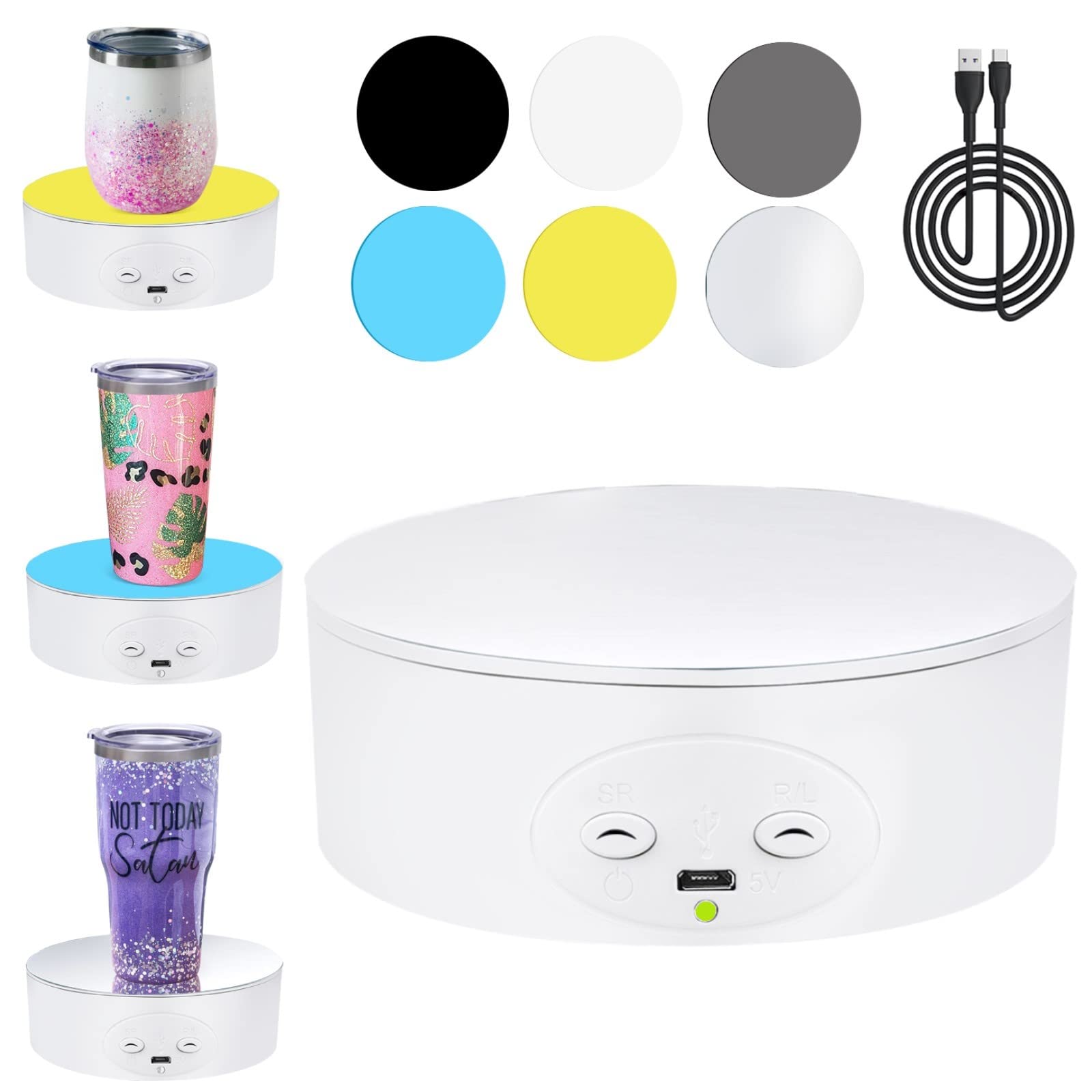 Riomh Cup Turner Rotating Display Stand for Tumblers, 360 Degree Automatic Mute Spin Turntable for Photography Display, Shooting Videos, Figures and Collections (White)