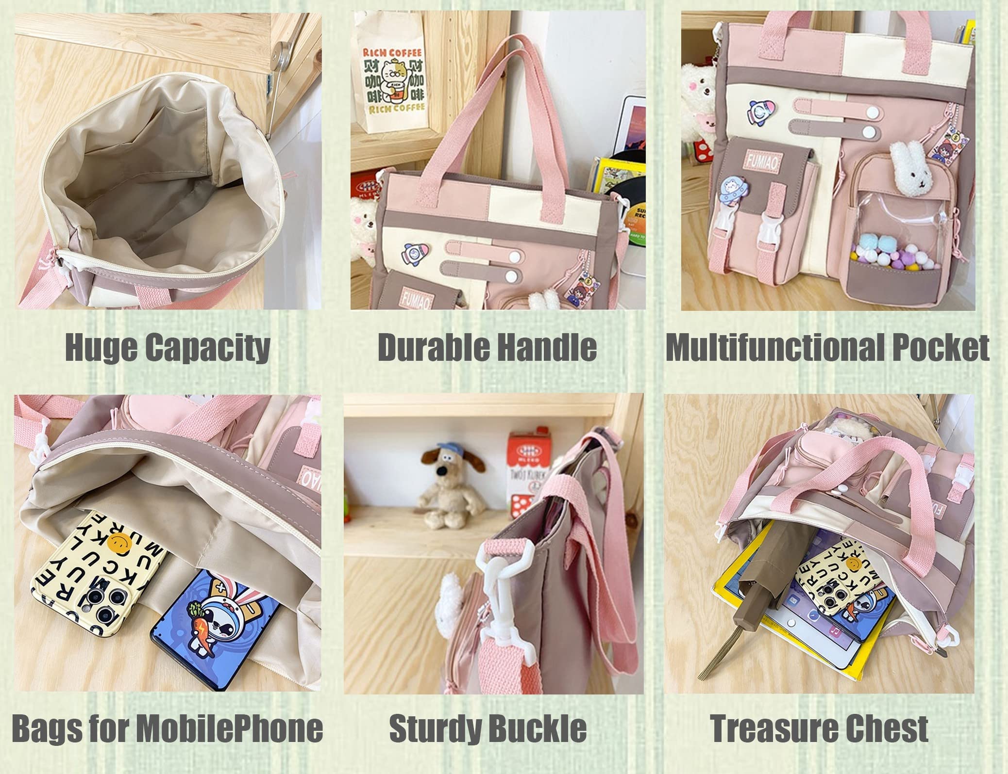 KOWVOWZ Kawaii Shoulder Tote Bag with Cute Pin Accessories Plush Rabbit & Bear Pendant Girl School Backpack Laptop Schoolbag Crossbody for Students (Blue)