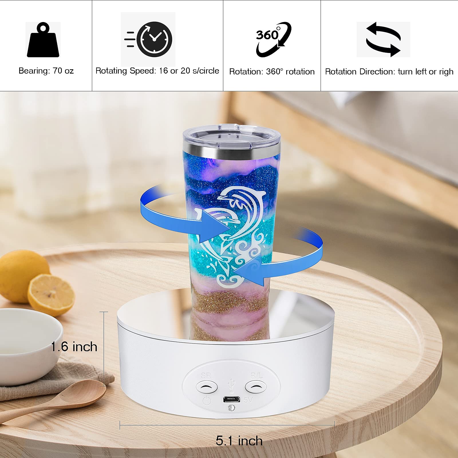 Riomh Cup Turner Rotating Display Stand for Tumblers, 360 Degree Automatic Mute Spin Turntable for Photography Display, Shooting Videos, Figures and Collections (White)