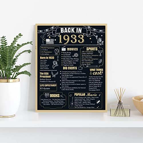 90th Birthday Decorations for Men Women 90th Birthday Gift for Him Back in 1933 Poster Decor Black and Gold 11 x 14 inch 90 Years Ago Decor(Back in 1933)