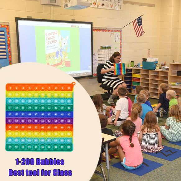 PETBSNVB Double Side 1 100 200 pop it, Chart Pop it, 200 Pop with Numbers, Square Popper for Elementary, Fidget Sensory Toy, Montessori Educational Gift for Kindergarten Classroom Kids 3 4 5 Year Old