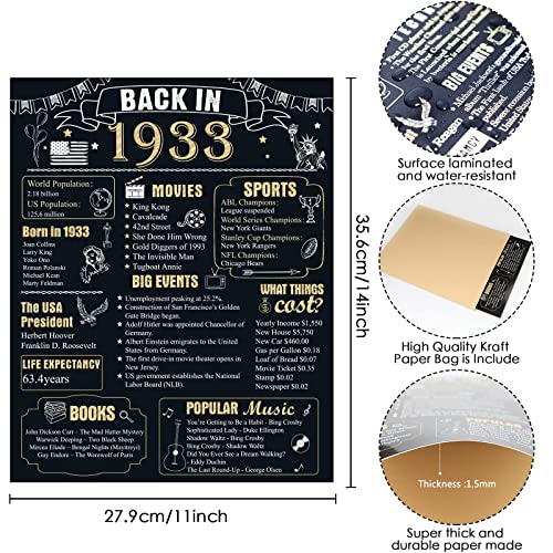 90th Birthday Decorations for Men Women 90th Birthday Gift for Him Back in 1933 Poster Decor Black and Gold 11 x 14 inch 90 Years Ago Decor(Back in 1933)