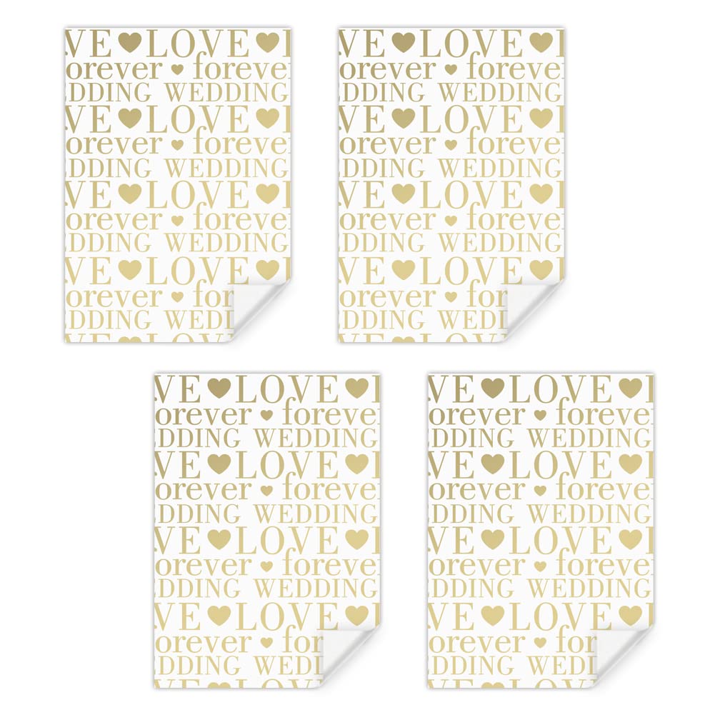 Love Forever Wedding Letter With Hearts White & Gold Foil Design Wrapping Paper Folded Flat 4 Sheets 20x28 inches Per Sheet For Weddings, Bridal Showers, Engagements