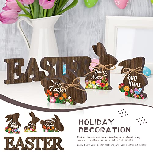 4 Pcs Easter Table Decorations Easter Bunny Signs Wooden Bunny Decor Easter Word Sign Rustic Farmhouse Rabbit Tiered Tray Decor Spring Sign for Home Party Decoration (Flower Bunny Style)